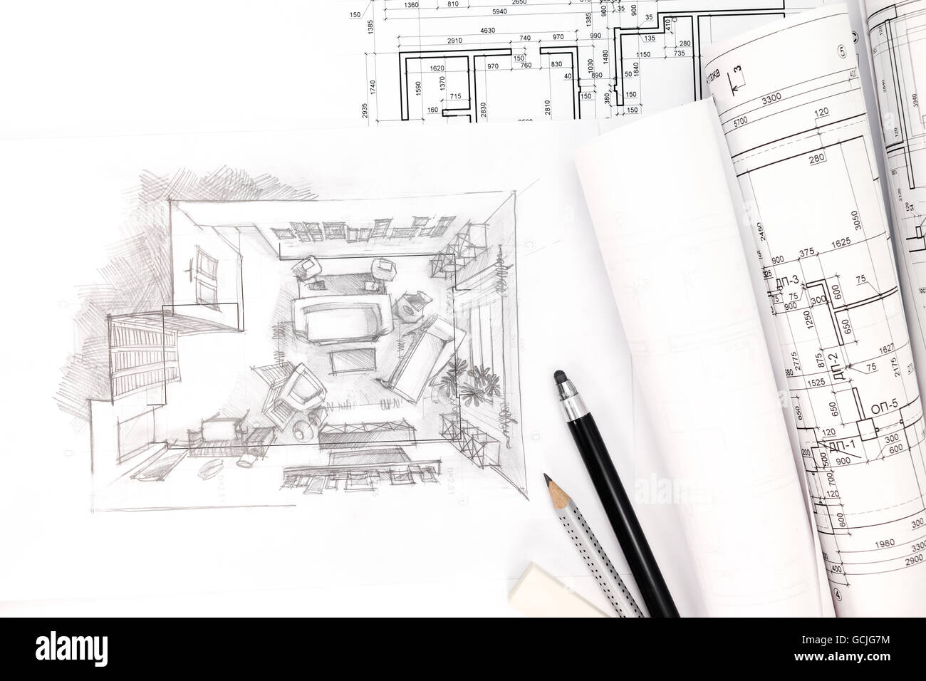 concept of home renovation with architectural drawing and blueprints ...