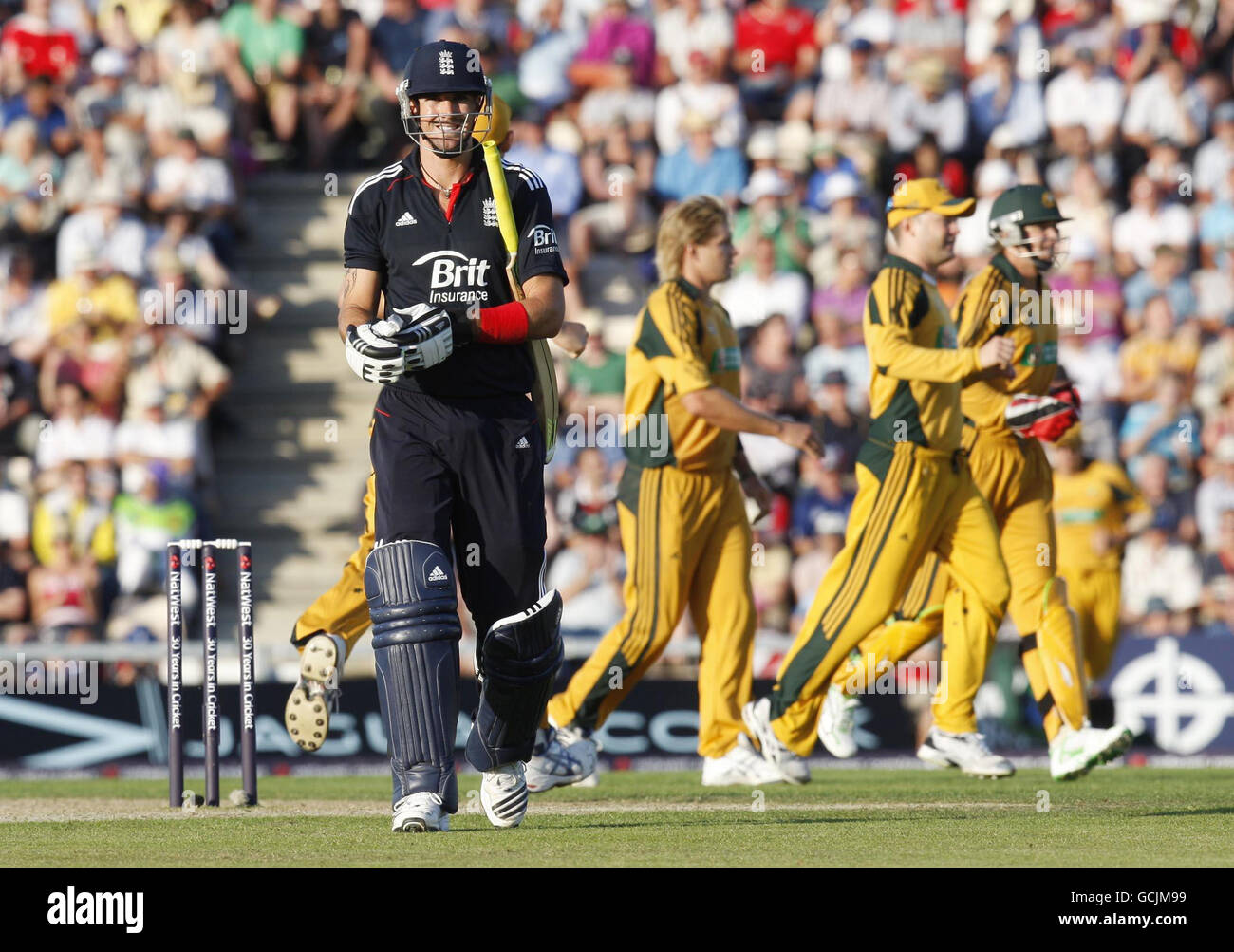 England's Kevin Pietersen leaves the field of play after being caught ...