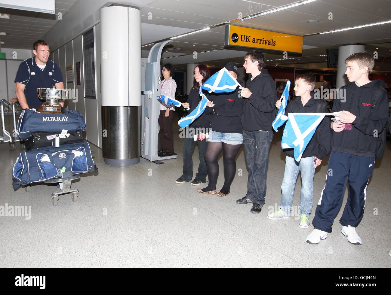 Scotland Captain Al Kellock is met by kids during the team arrival at ...