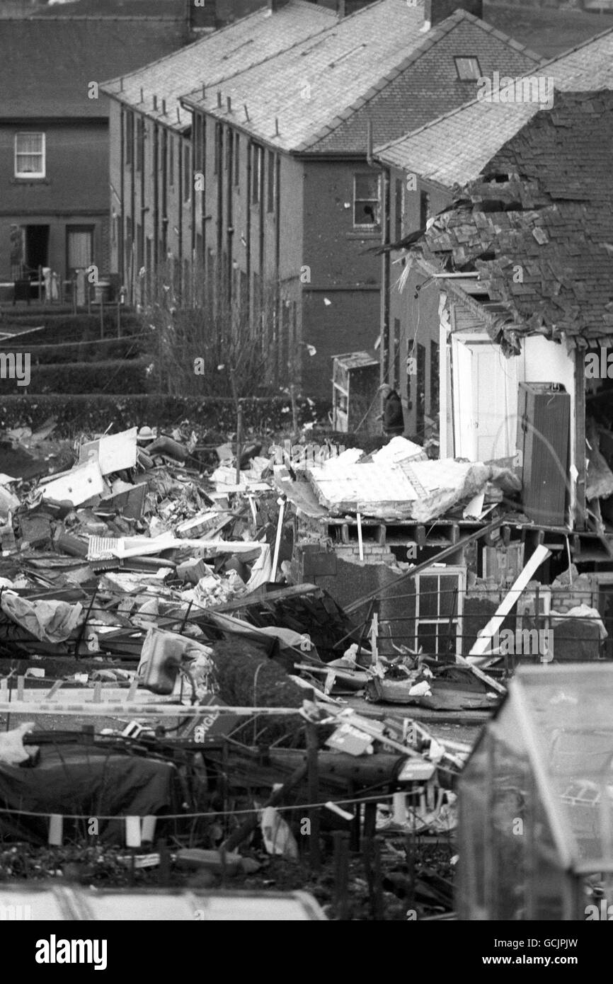 Debris strewn gardens in Lockerbie, after a Pan Am jumbo jet crashed ...
