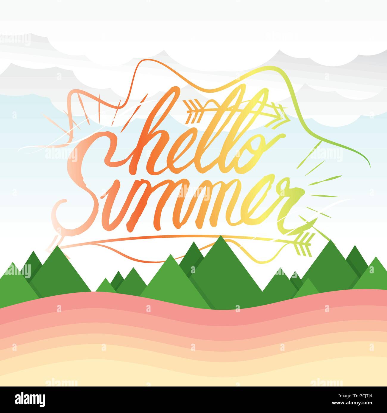 Hello Summer Hand Lettering Summer Vacation Concept Vector Illustration ...