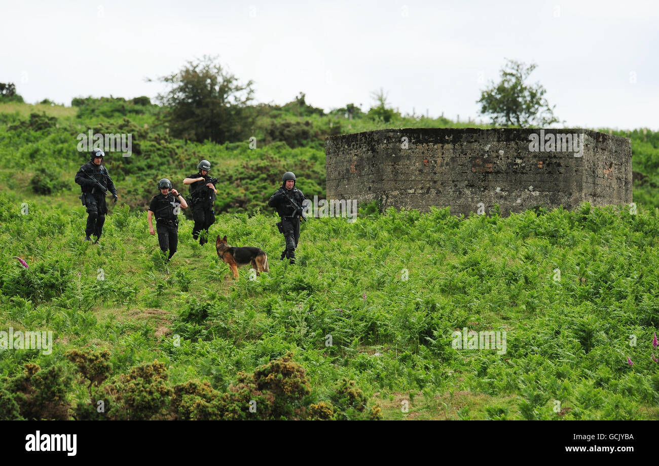 An armed police officer investigate an out house during the search for ...