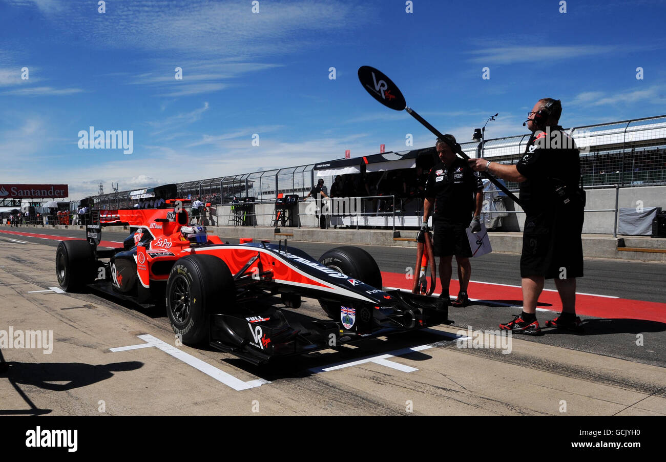 Virgin Racing's Timo Glock of Germany leaves the pits in their second ...