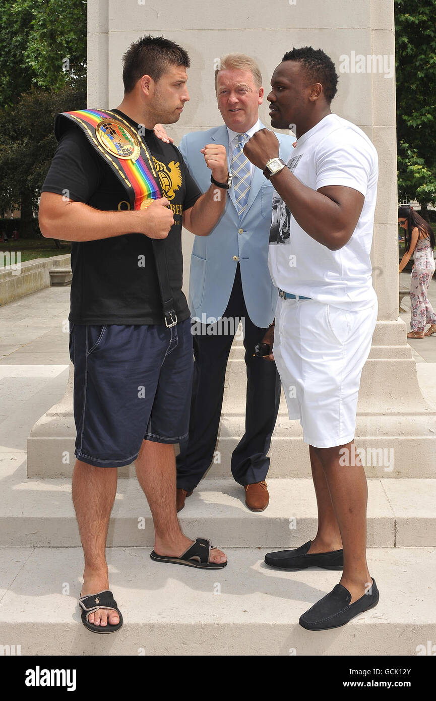 Sam Sexton (left) and Dereck Chisora pose with Frank Warren after a ...