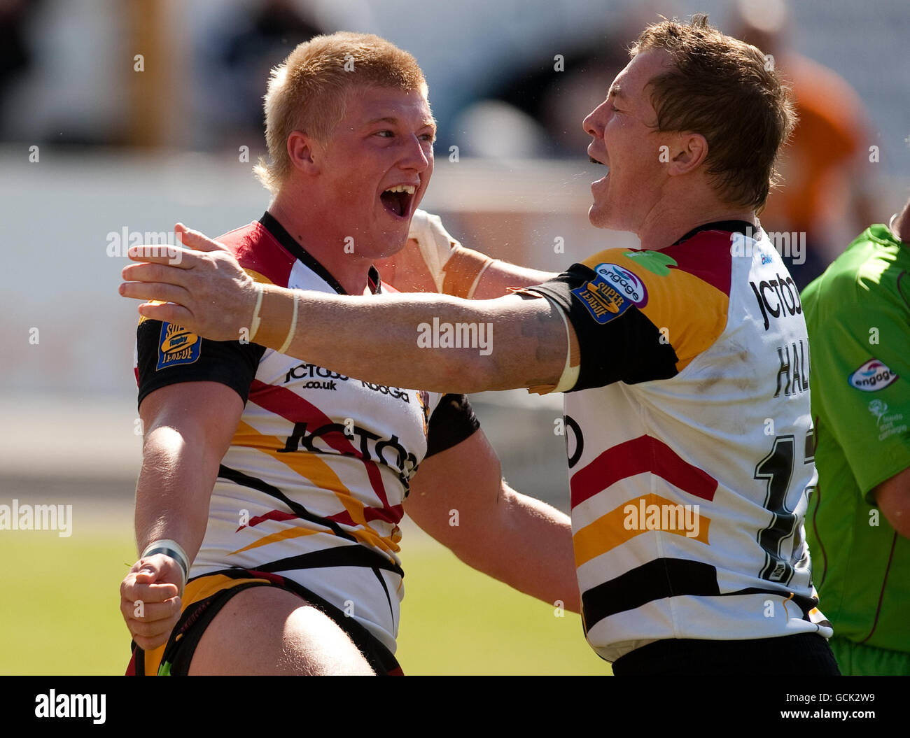 Bradford Bulls's Danny Addy celebrates with Glenn Hall after scoring a ...