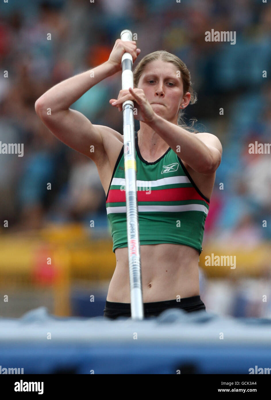 Emma Lyons competes in the women's pole vault during the Aviva European ...