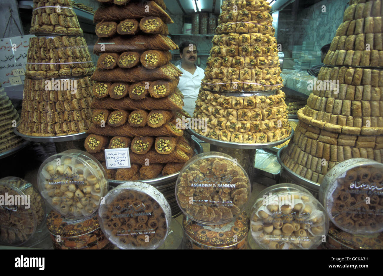 shops in the market or souq in the old town in the city of Damaskus in ...