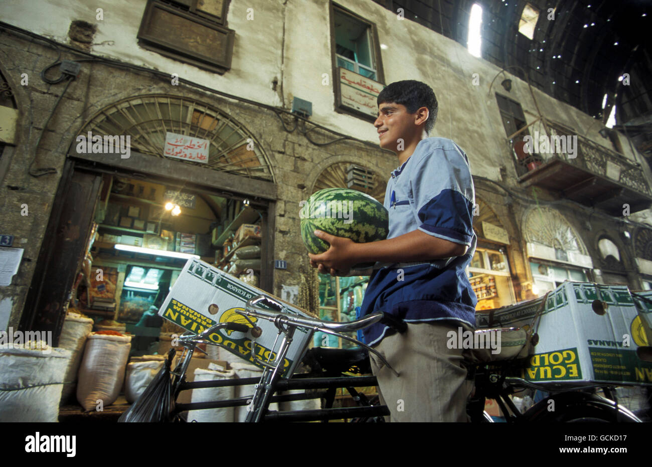 shops in the market or souq in the old town in the city of Damaskus in ...