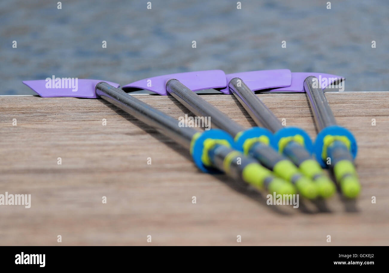 General view of four rowing blades lying on a pontoon during the Henley ...