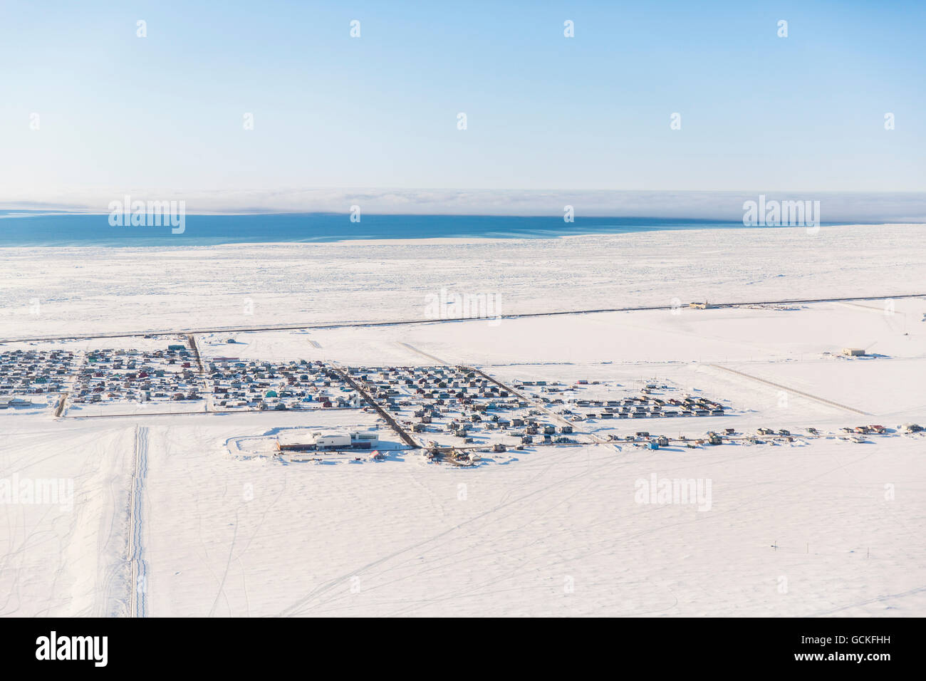 Aerial view of the village of Barrow, North Slope, Arctic Alaska, USA ...