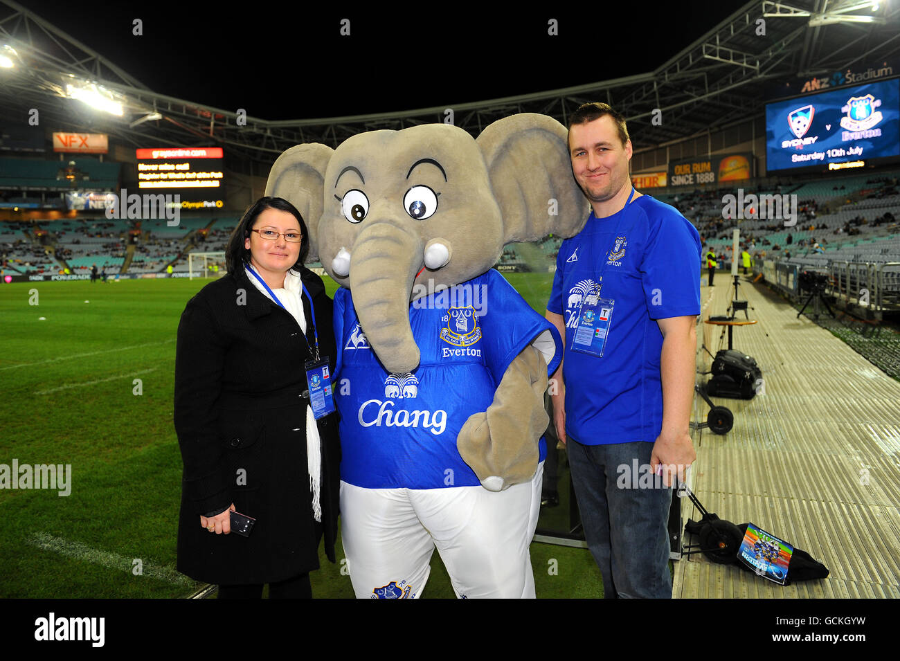 Everton club mascot Chang the Elephant with competition winners at the ...