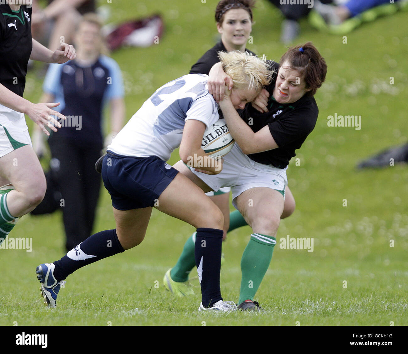 Scotland Women's Tanya Griffiths (left) is tackled by Ireland's Amy Davis during the ...