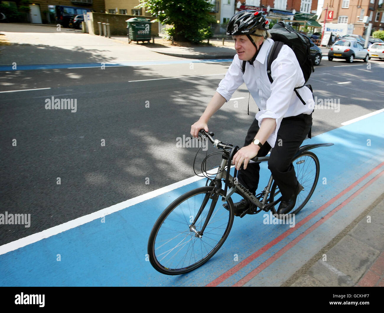 Mayor of London Boris Johnson rides his bike near Clapham Common in ...