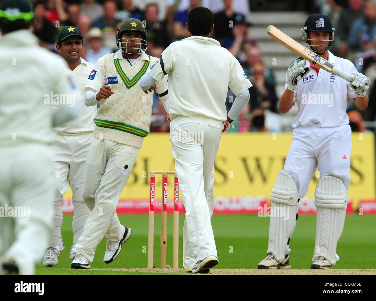 England's Jonathan Trott (right) appeals sucessfully for the first TV ...