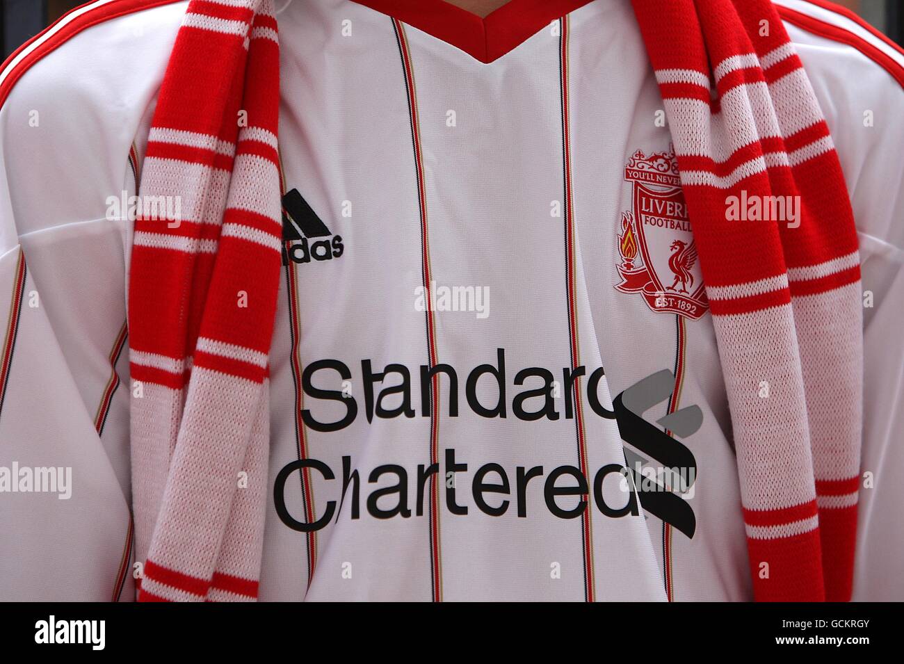 General close up view of the new Liverpool away kit worn by a fan ...