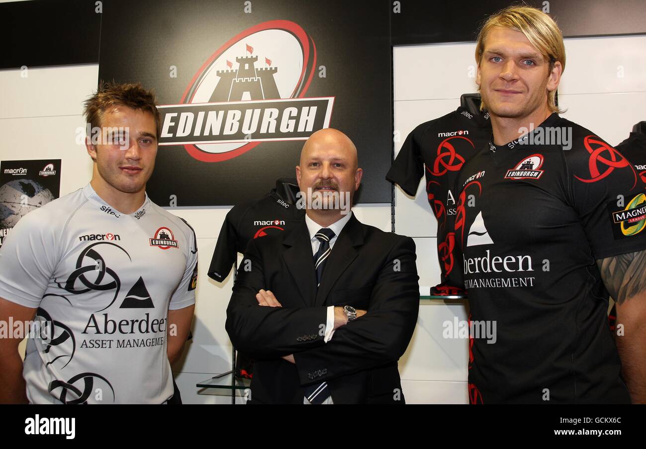 Edinburgh's Alex Grove wearing the away kit, Macron's Fabio Malipiero ...