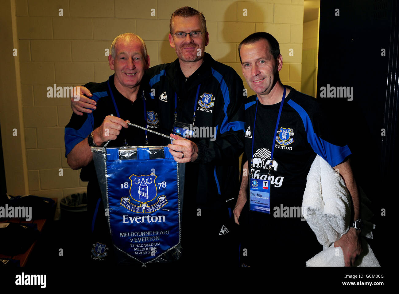 Everton kitman Jimmy Martin (left) and commentator Darren Griffiths ...