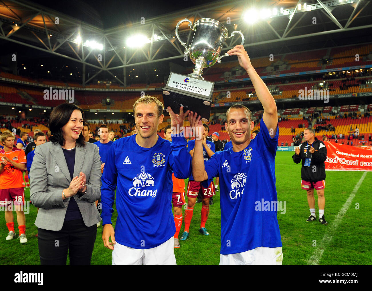 Everton's Phil Neville and Leon Osman lifts the Roar against Racism Cup ...