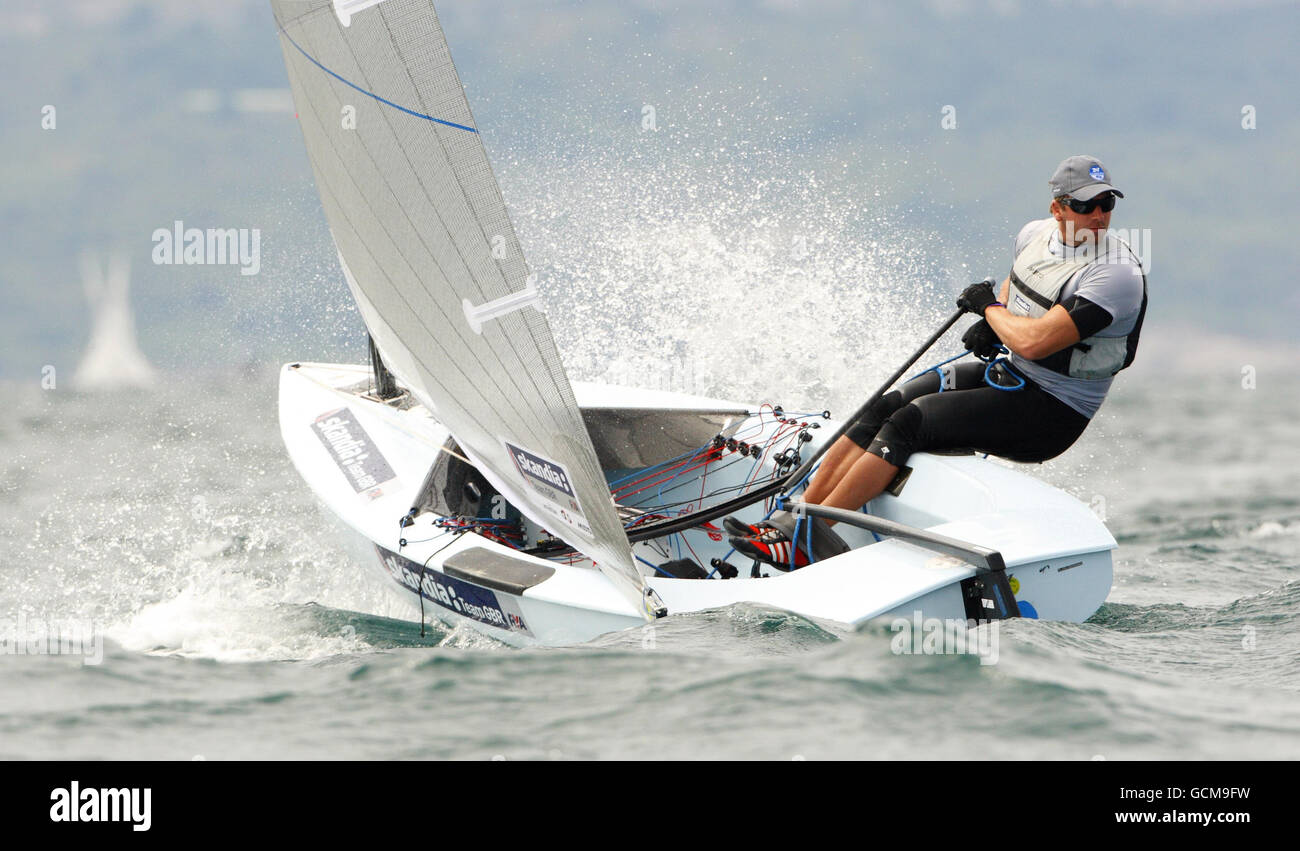 British Finn sailor Ed Wright taking part in the first day's racing at ...