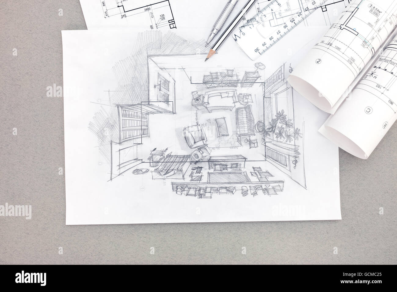 hand drawing illustration of living room interior with blueprints rolls ...