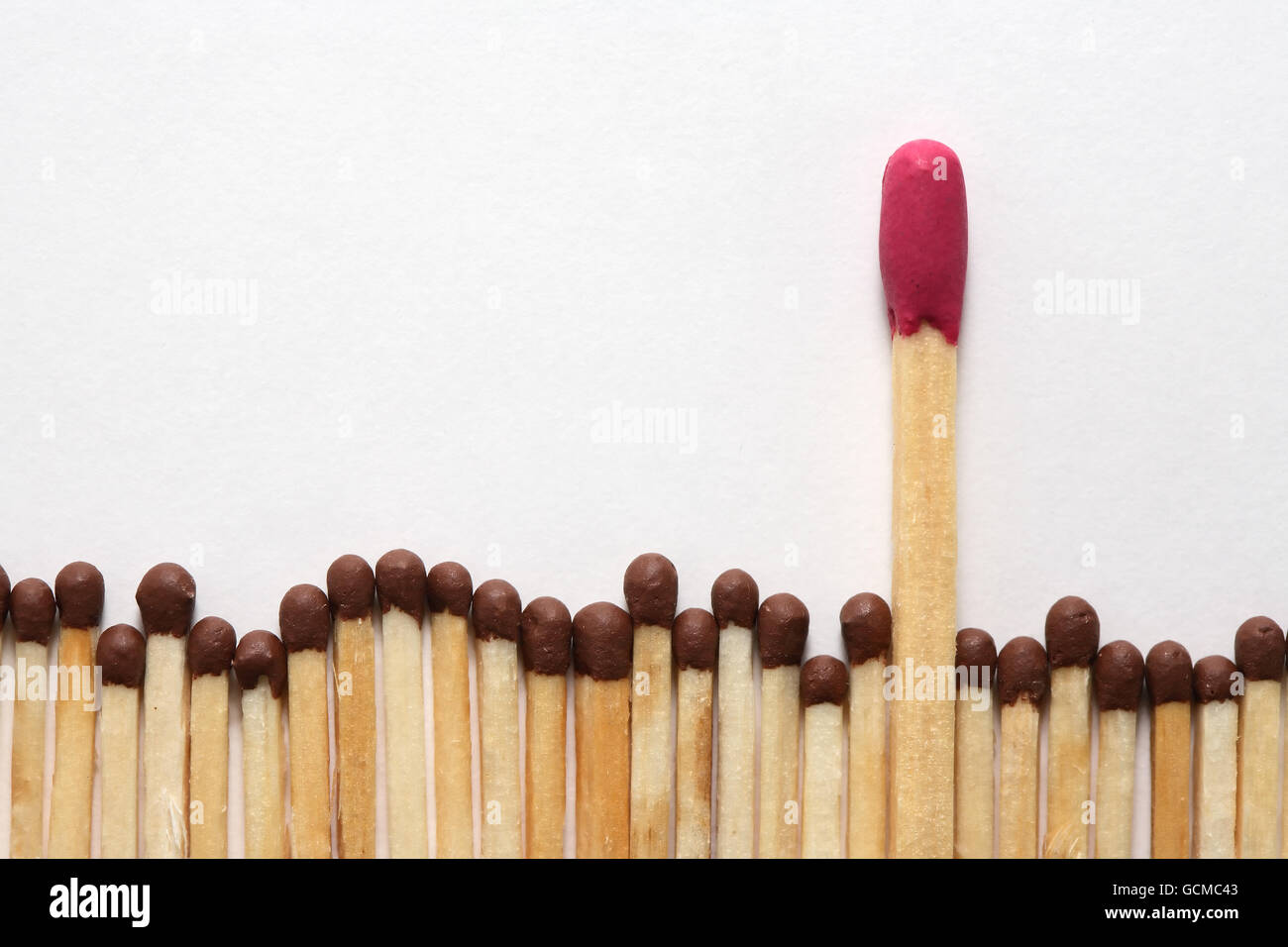 Individuality concept. One big match between row of ordinary small ...