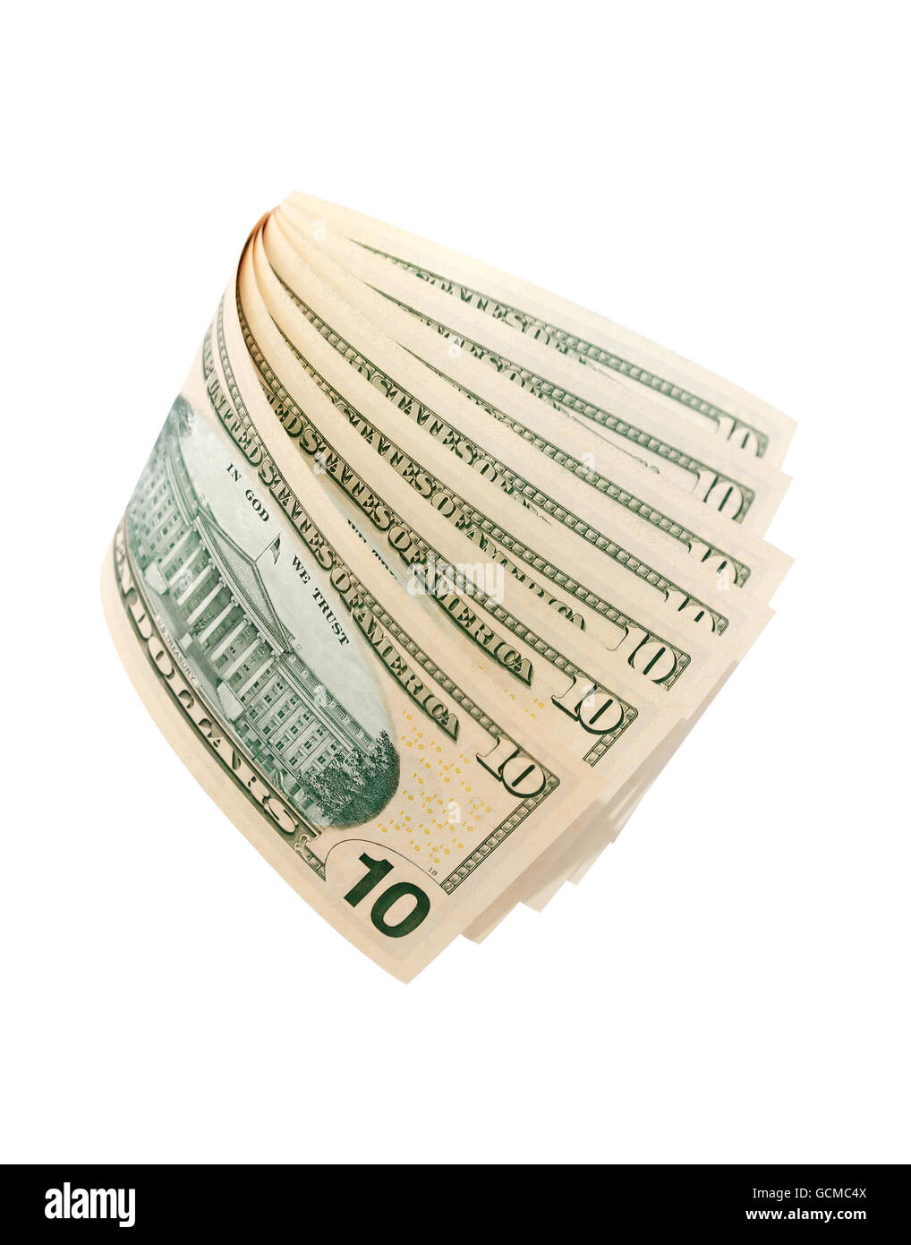 Few ten dollar bank notes on white background. Isolated with clipping ...