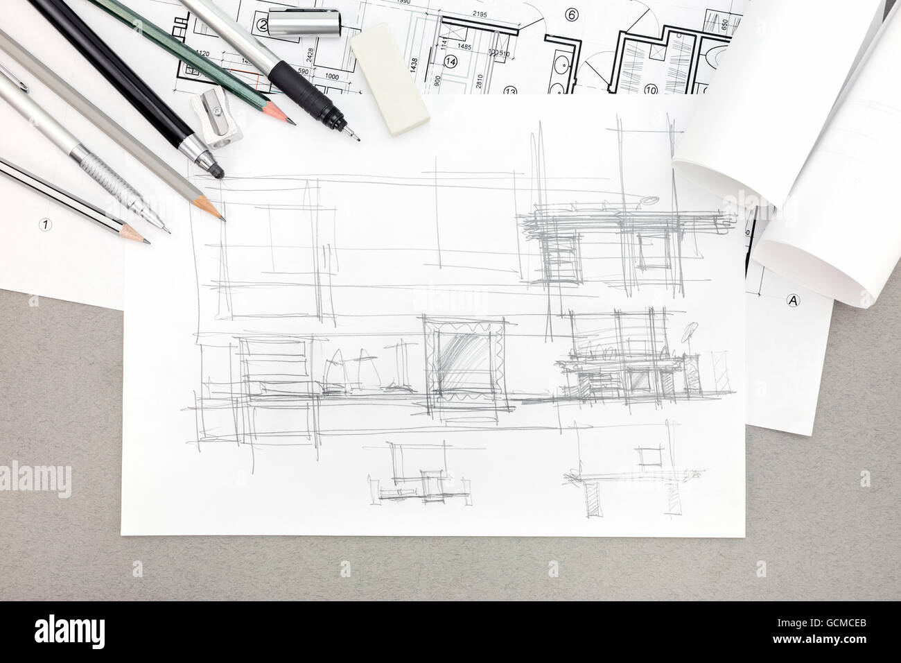 concept of home renovation architectural sketch with drawing tools, top ...