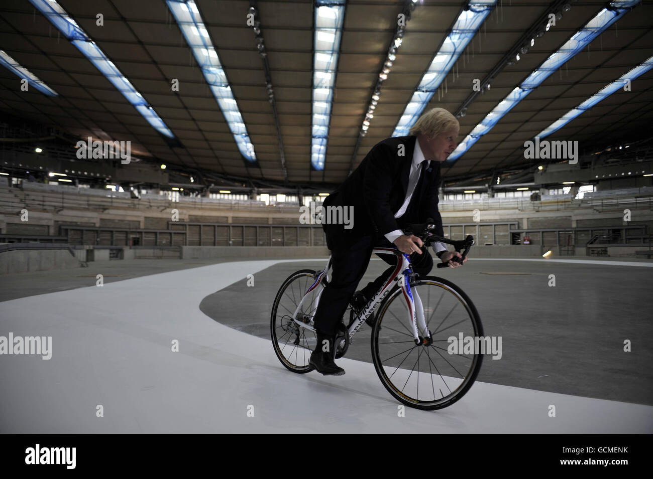 London Mayor Boris Johnson rides around the Velodrome during the ...