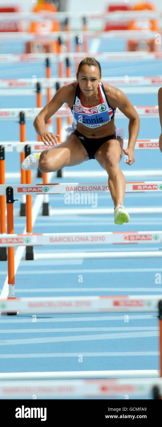 Great Britain's Jessica Ennis runs in the 100m Hurdles, the first event ...