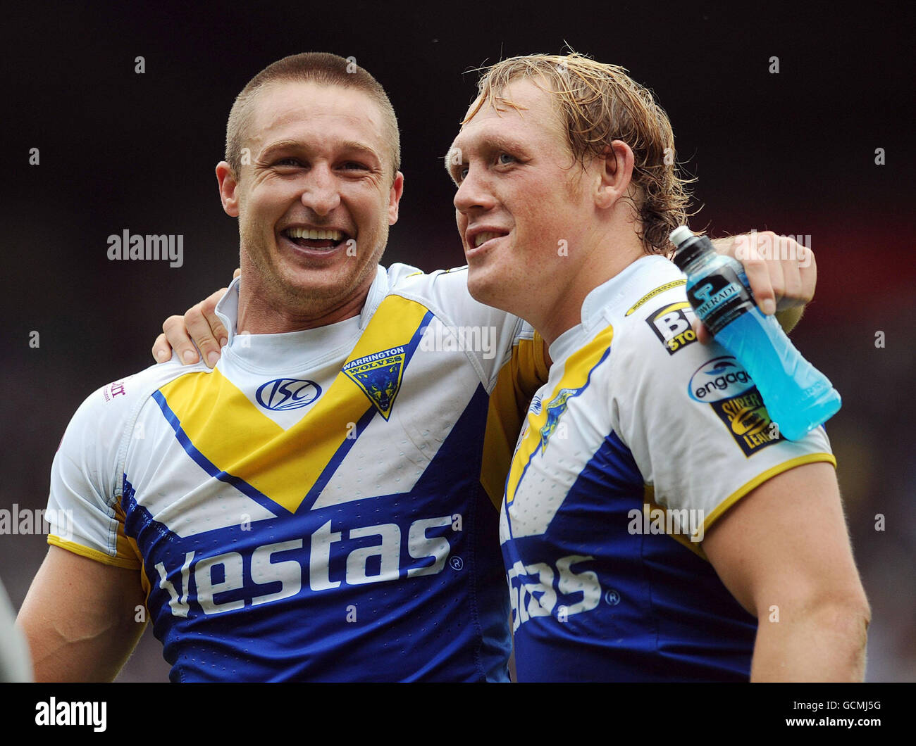 Warrington Wolves' Chris Hicks (left) and Ben Westwood celebrate their ...