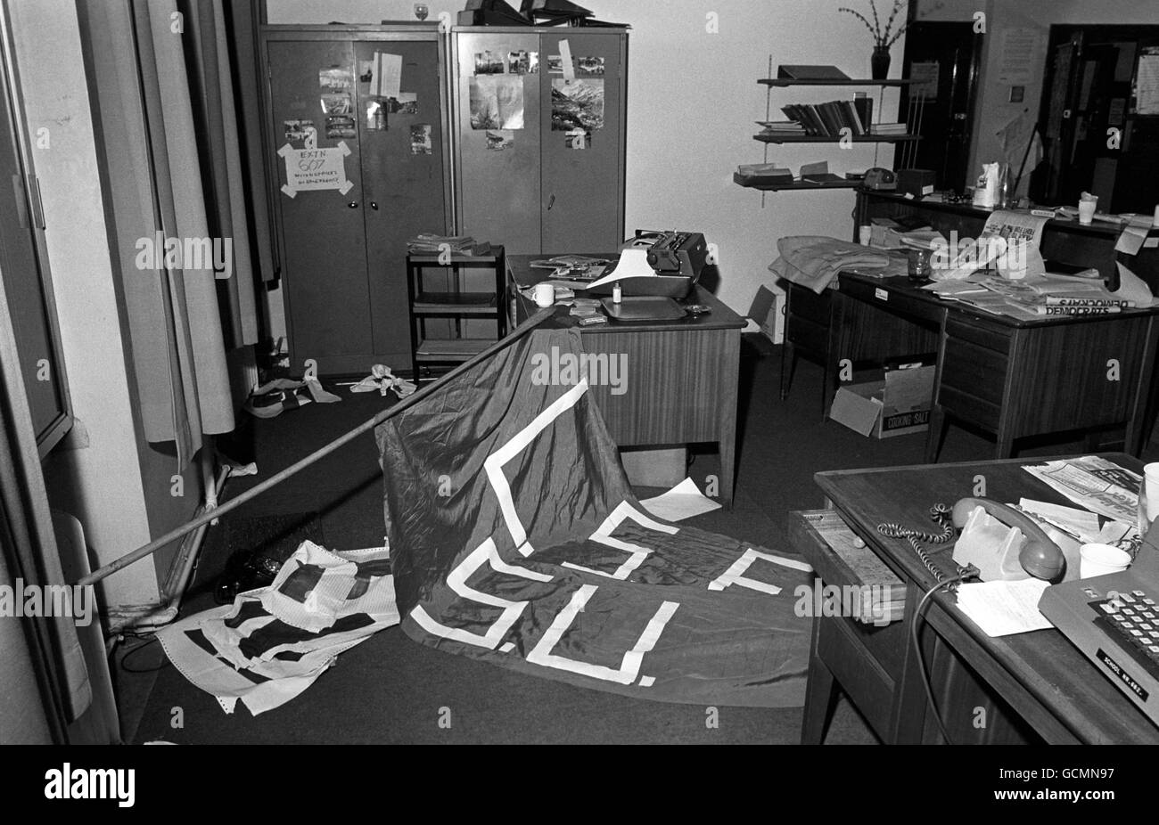 A students flag among the litter in one of the offices at the LSE this ...
