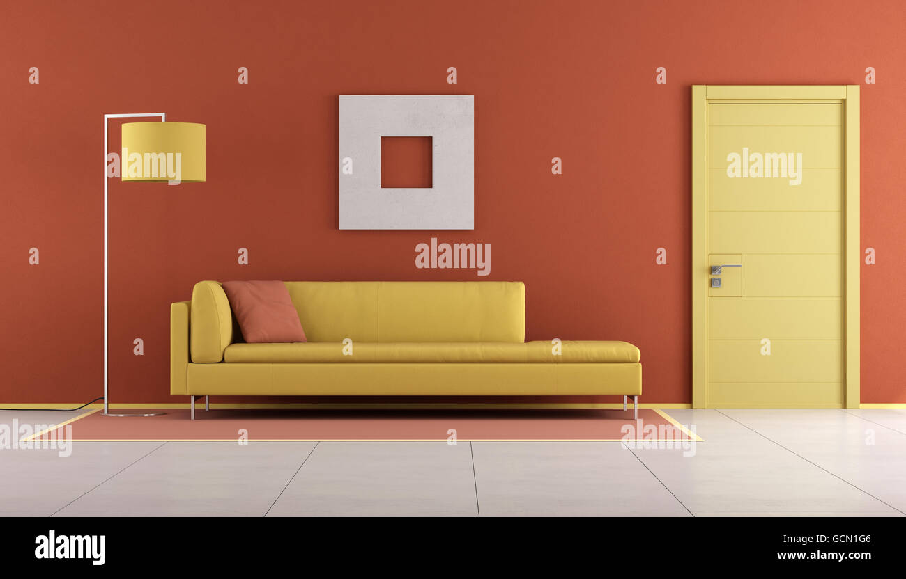 Yellow and orange living room with modern sofa and closed door - 3d ...