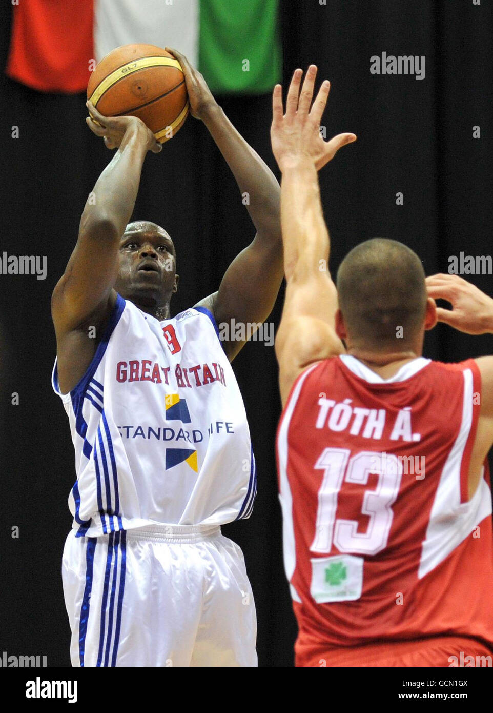 Great Britain's Luol Deng shoots over Hungary's Adam Toth (right ...