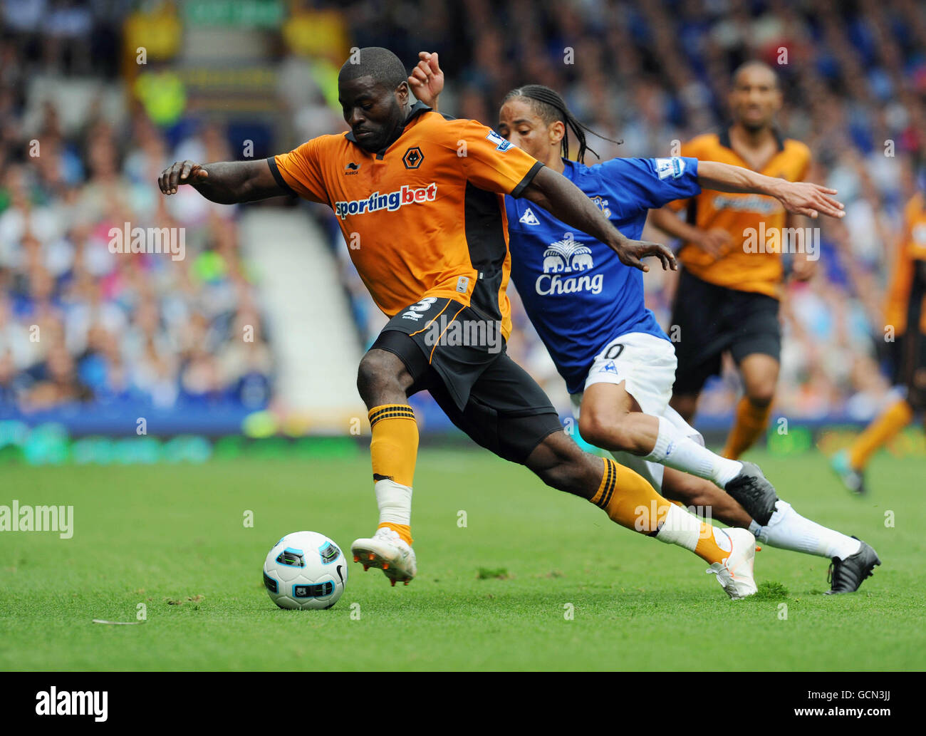 Wolverhampton's George Elokobi (left) in action with Everton's Steven ...