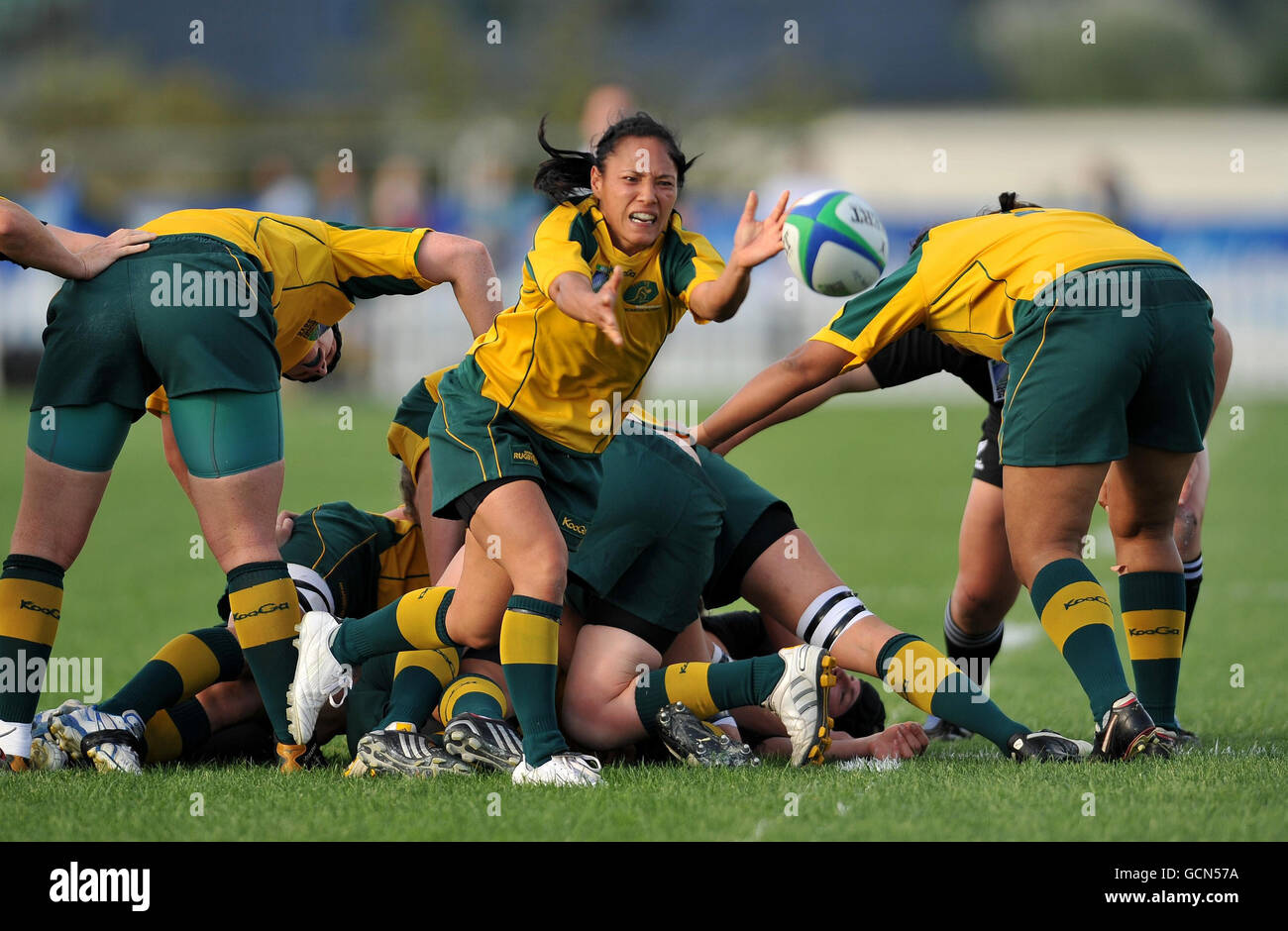 Australia's scrum half Cheryl Soon offloads the ball from the back of a ...