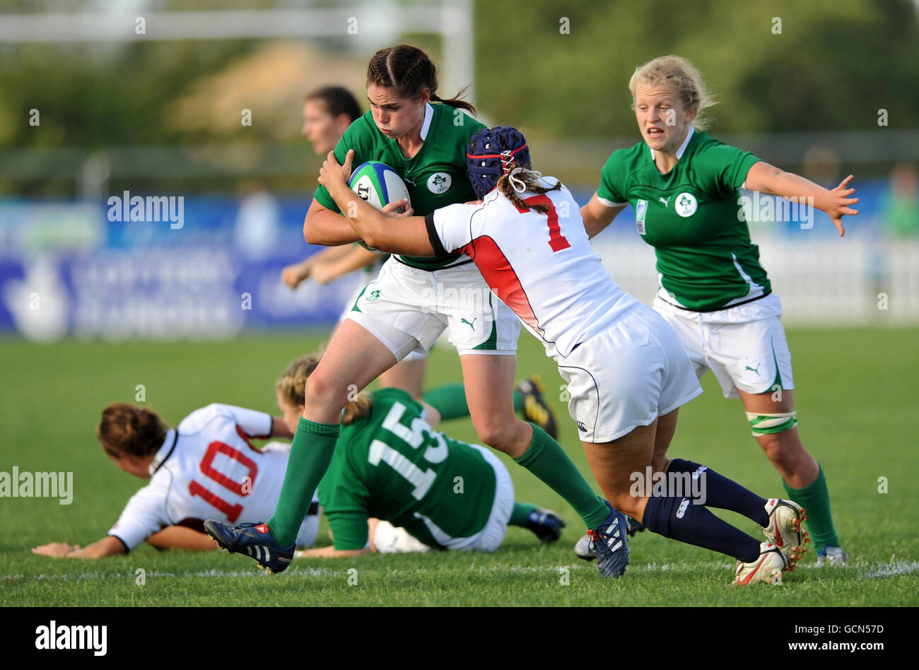 Ireland's Nora Stapleton breaks through a tackle from USA's Kitt Wagner ...