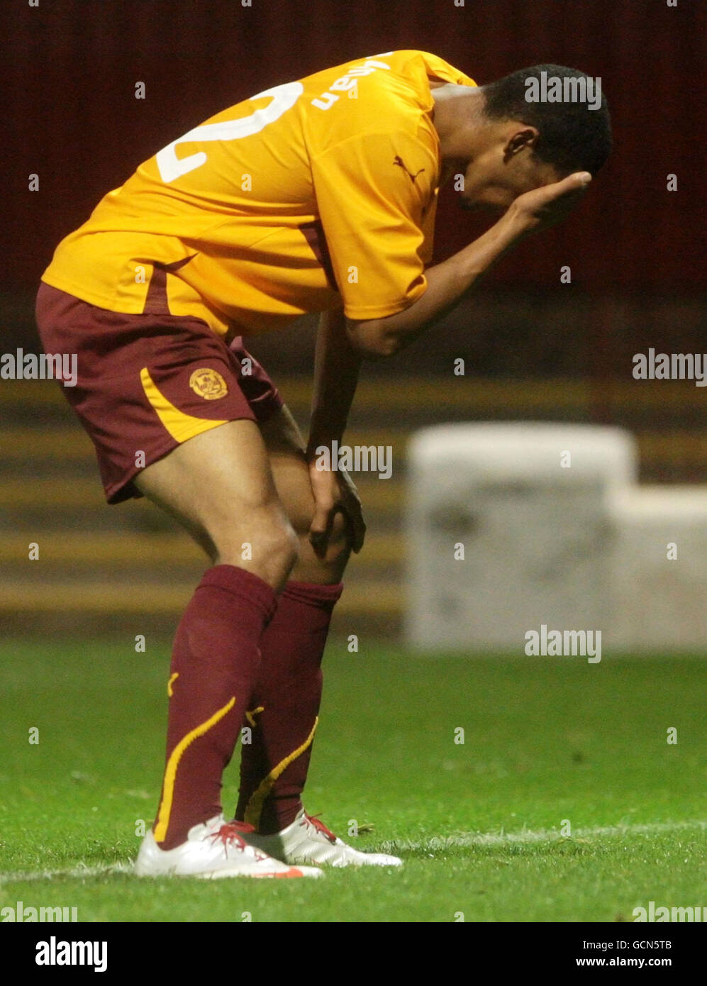 Motherwell's Nick Blackman reacts after missing a goal during the UEFA ...
