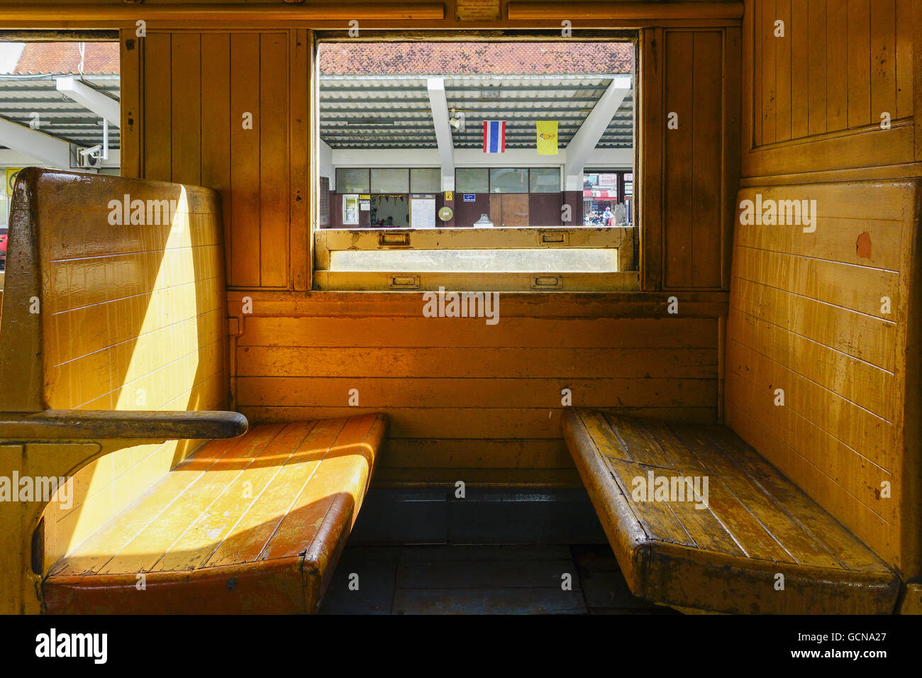 Old Train passenger carriage with wooden bench seat Stock Photo - Alamy