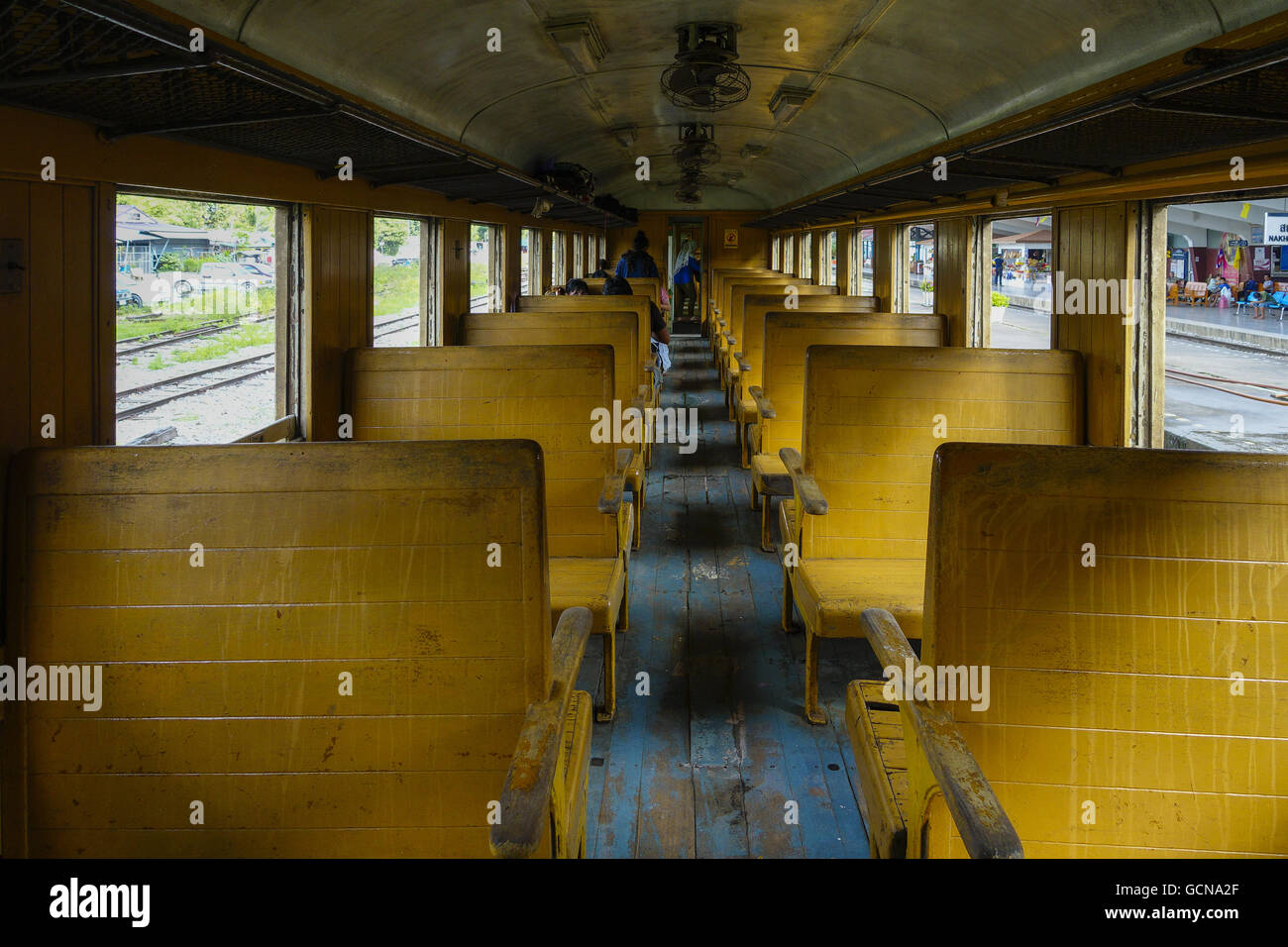 Old Train passenger carriage with wooden bench seat Stock Photo - Alamy