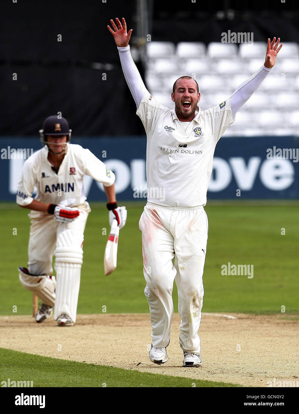 Durham's bowler Chris Rushworth celebrates bowling Essex's Tom Westley ...