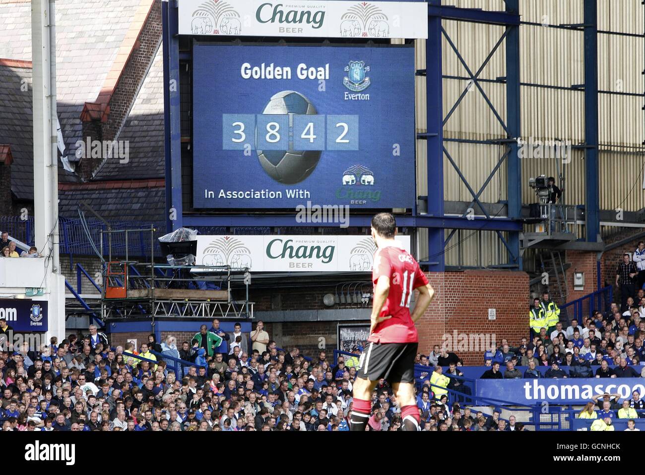 Golden goal numbers are displayed on the big screen at Goodison Park ...