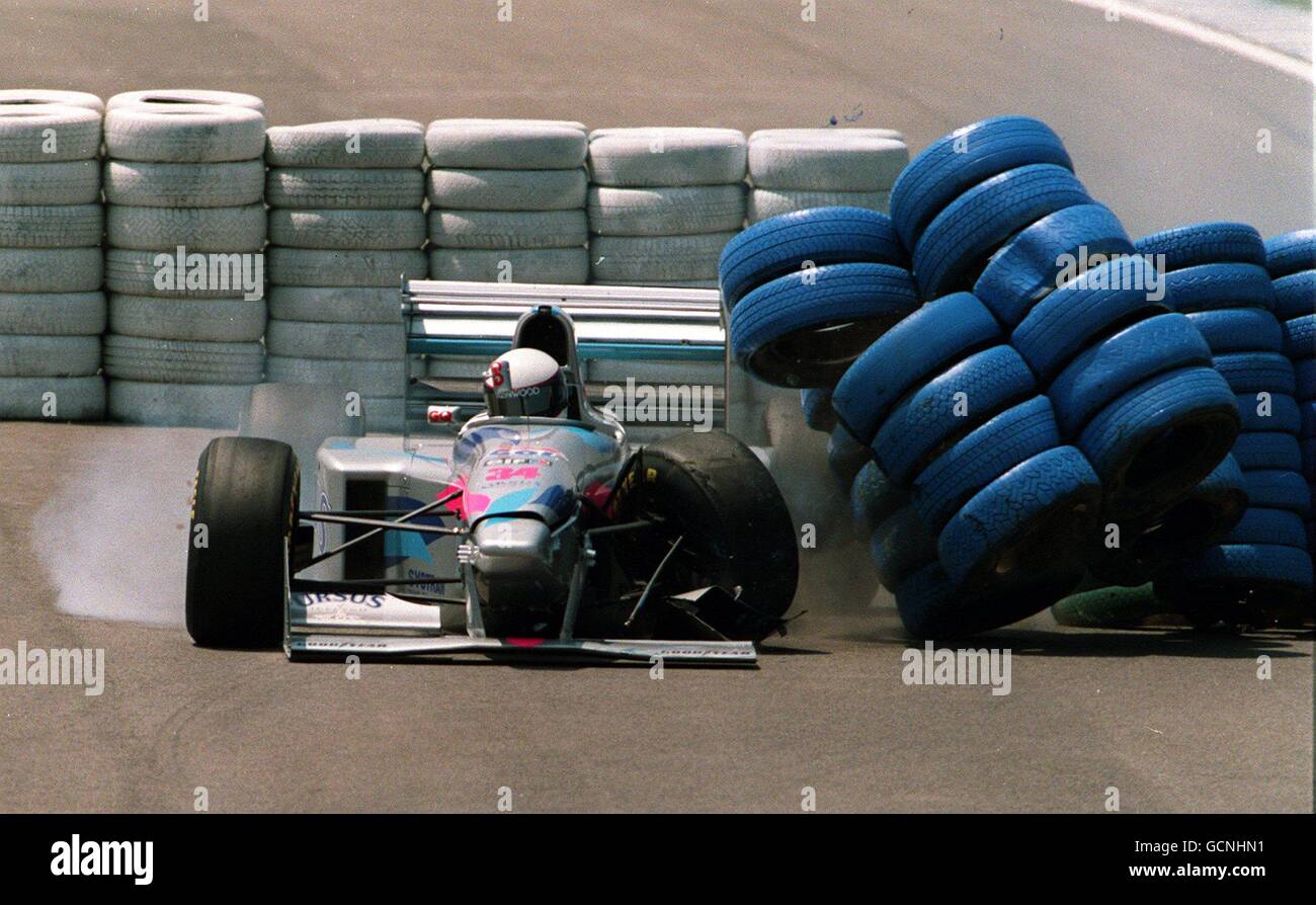 SPANISH GRAND PRIX. GACHOT HITS THE TYRE CHICANE Stock Photo - Alamy