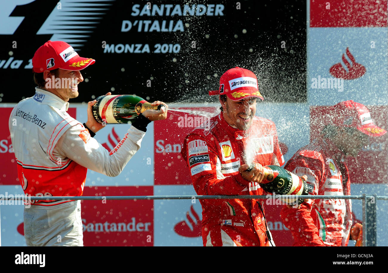 Ferrari's Fernando Alonso of Spain celebrates on the podium after ...