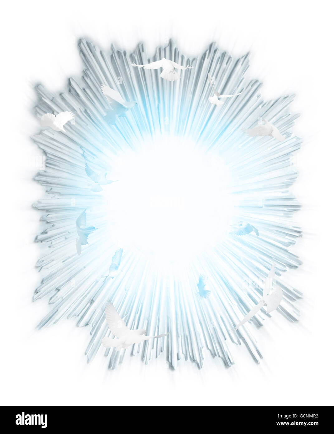 Holy light rays of stone, with photographed white doves around the ...
