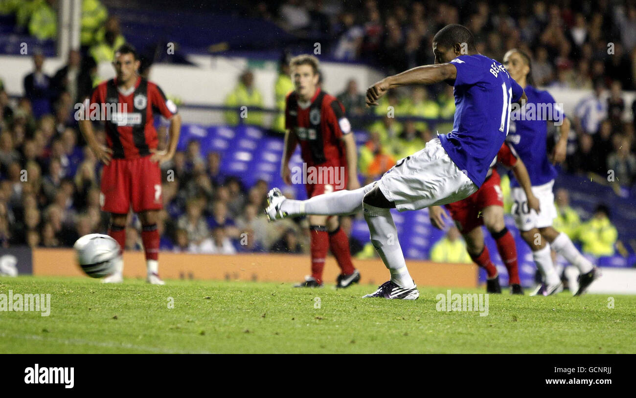 Everton's Jermaine Beckford scores from the penalty spot during the ...