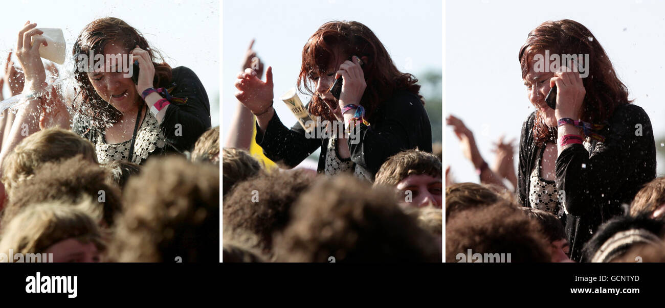 Composite of a girl getting splashed with water in the crowd before ...