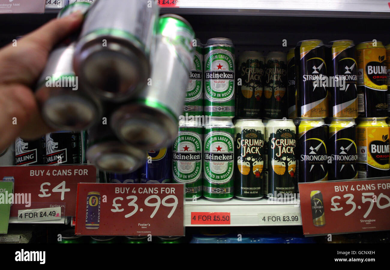 A general view of cans of lager and cider in an off license in ...
