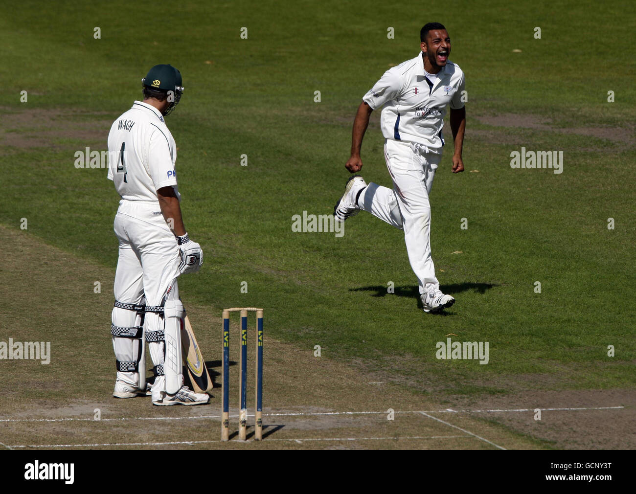 Yorkshire bowler Ajmal Shahzad celebrates taking wicket of ...