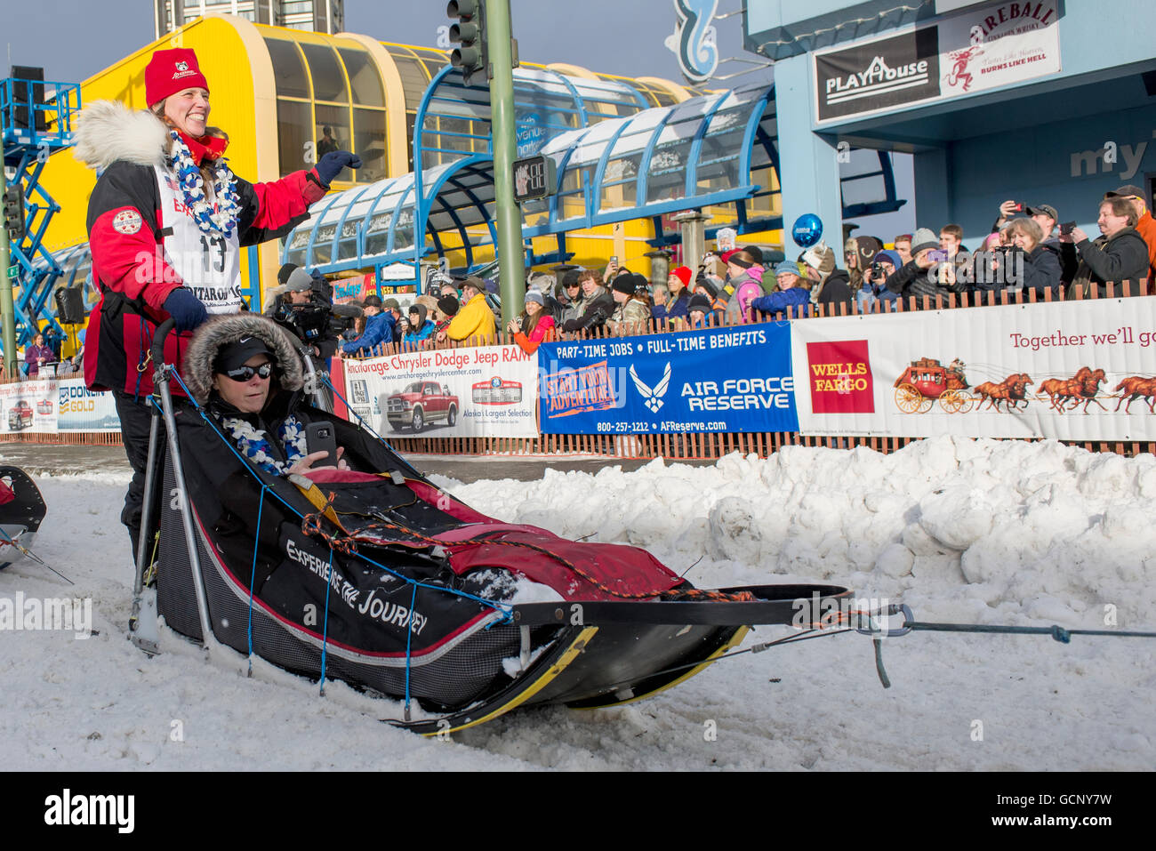 Aliy Zirkle and team leave the ceremonial start line with an Iditarider ...