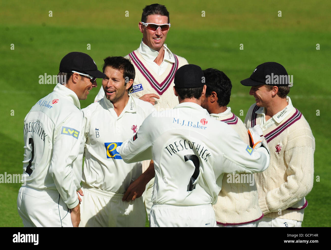 Somerset's Peter Trego celebrates the wicket of Durham's Ben Harmison ...
